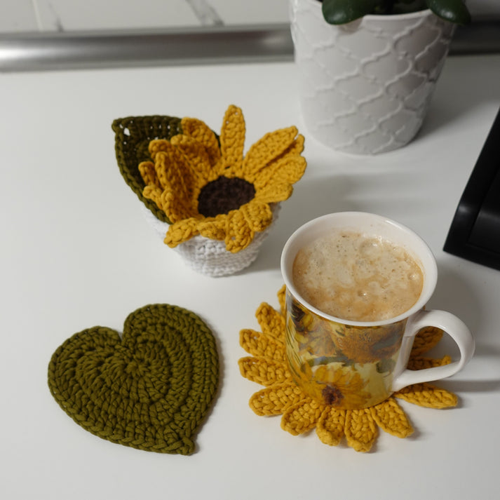 Crochet Sunflower Pot Coaster Set Written Pattern, crochet plant pot c ...